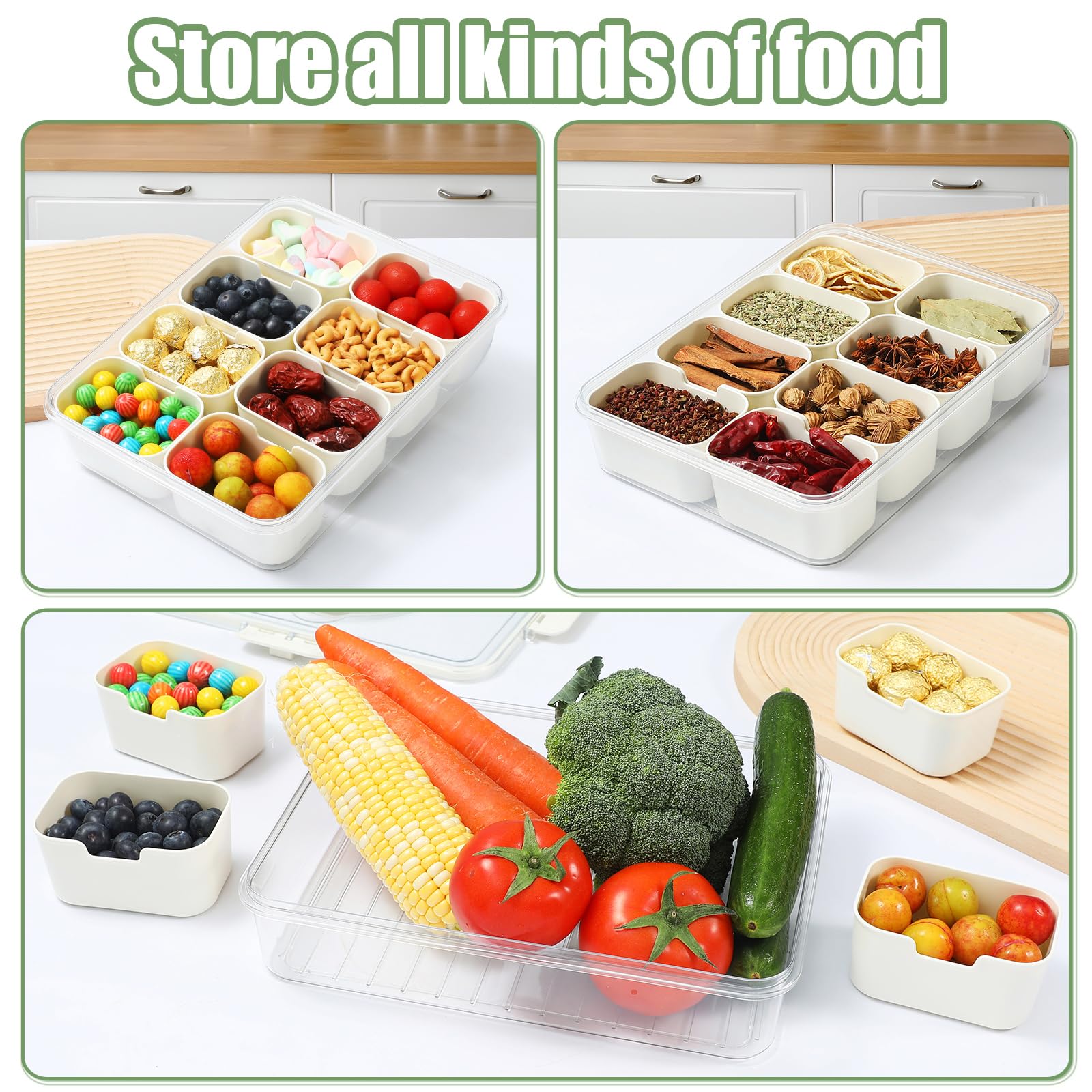 Divided Serving Tray with Lid and Handle, Snack Containers Travel Snackle Box Clear Organizer Food Storage Fresh-keeping Box for Candy Fruits Nuts Snacks, (1 Pack with 8 compartments)