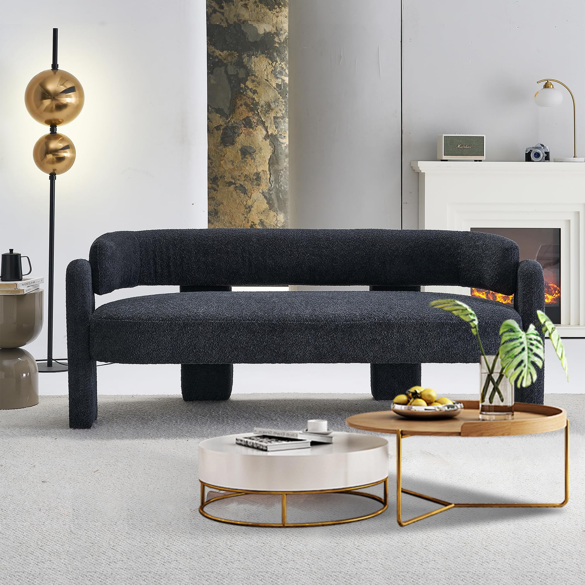 CALABASH Modern Small 3 Seater Curved Sofa, Upholstered Boucle Sherpa Accent Sofa, Comfy Oversized Loveseat Couch for Living Room Apartment Office Reception, 75.6" W (Beige, 3-Seater Sofa)