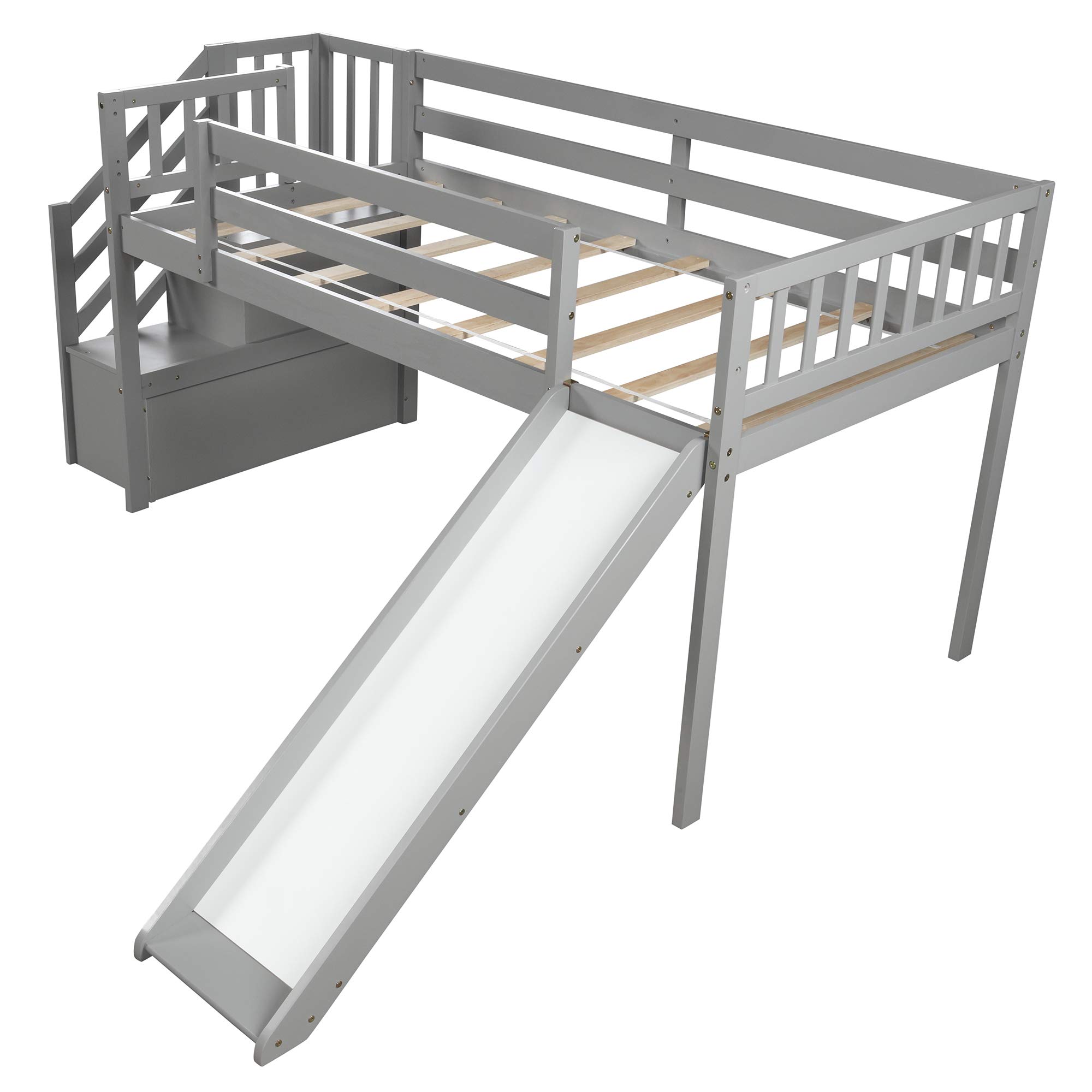 Low Loft Bed with Stairs for Kids and Toddlers Wood Loft Bed Frame with Slide Twin Loft Beds with Stairway Storage for Boys Girls, Gray