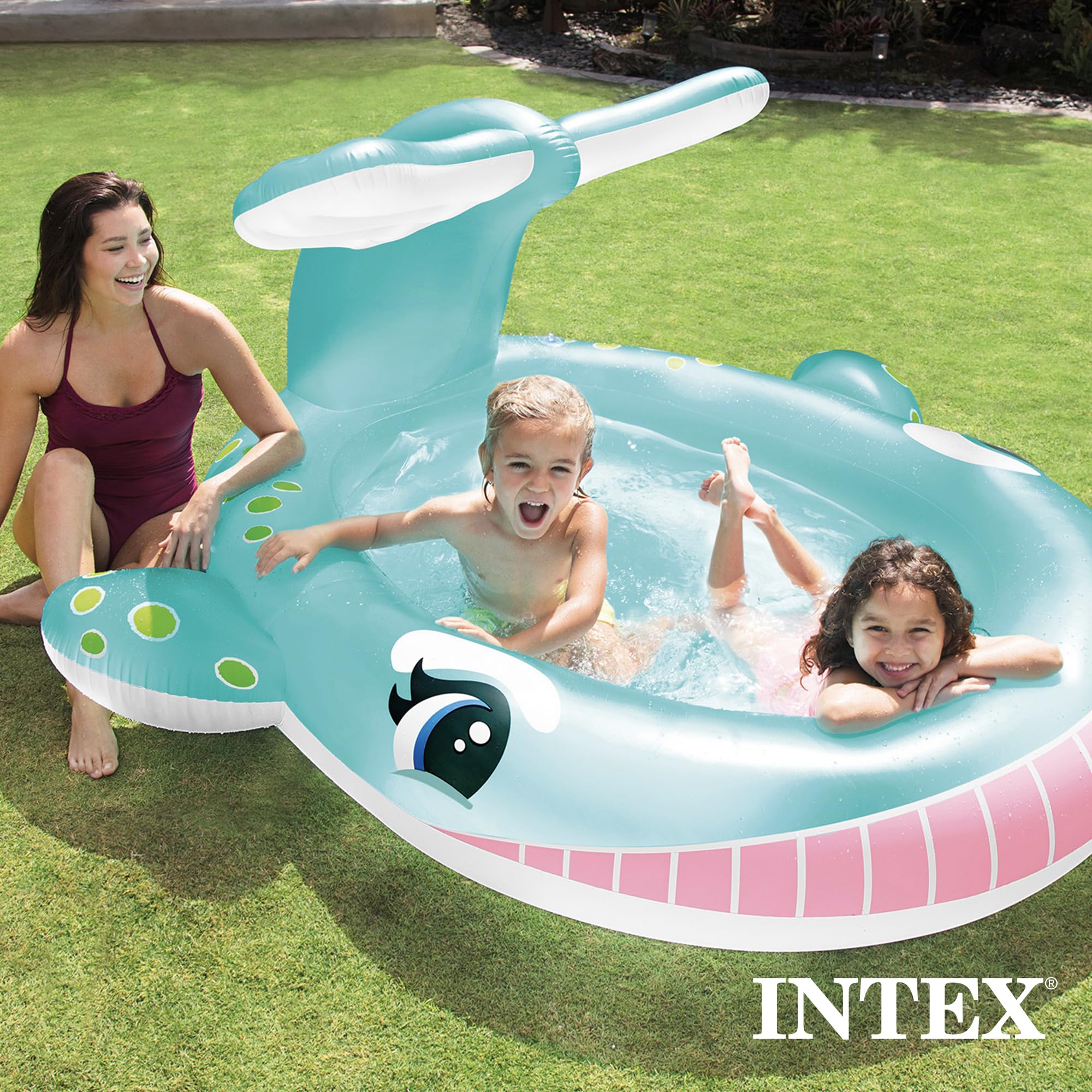 Intex Inflatable Whale Kiddie Pool: Built-in Water Sprayer – Convienient Drain Plug – Durable Vinyl – 79" x 77" x 36" – Ages 3+