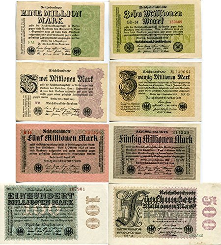 DE 1923 HYGRADE HYPERINFLATION COLLECTION!! RARE ORIG COLORFUL 1, 2, 5, 10, 20, 50, 100 & 500 MILLION MARK BILLS! Vry Fine Plus to Uncirculated
