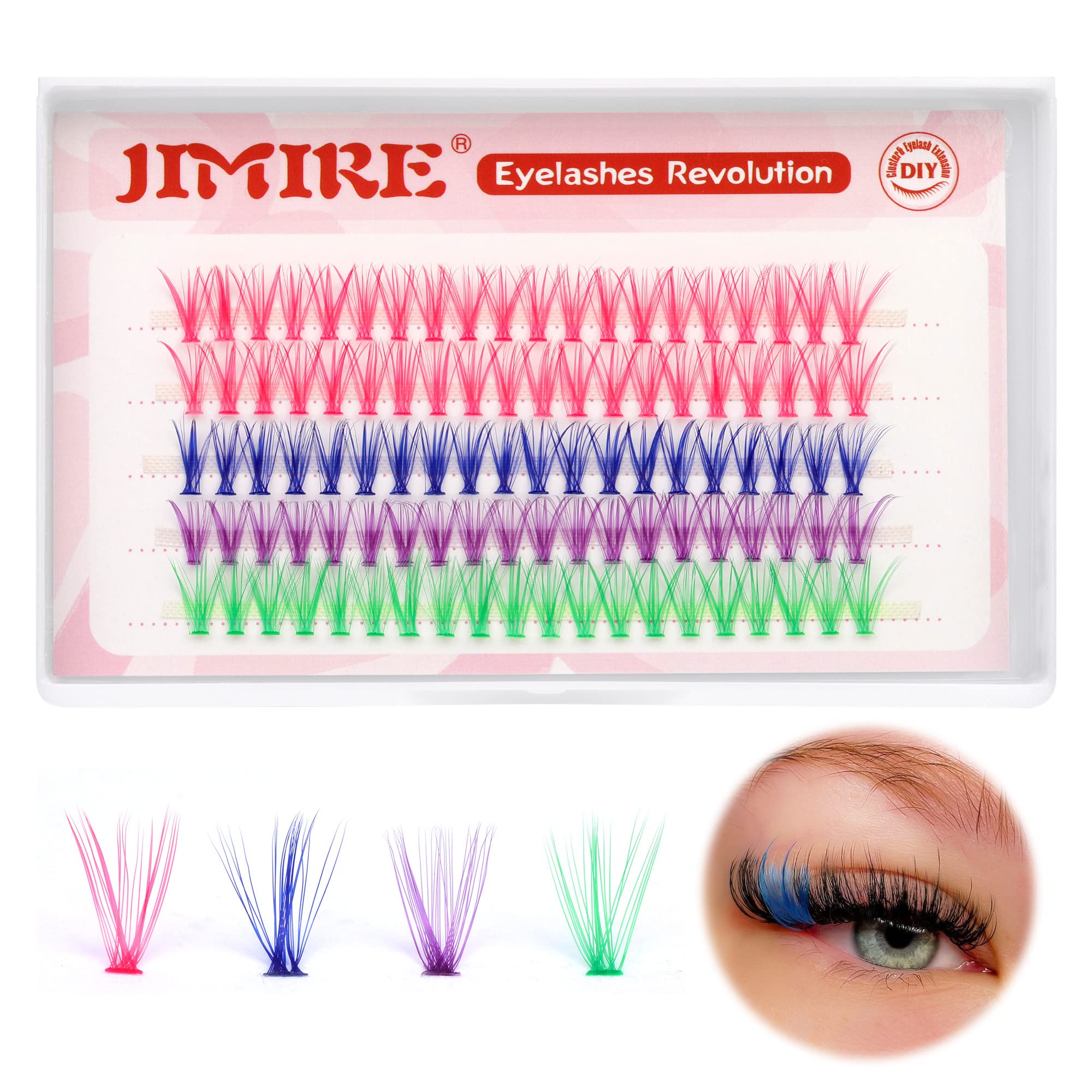 Colored Lash Clusters Individual Eyelashes 100Pcs DIY Eyelash Extensions 4 Colors Pink Lashes 14mm 3D Effect Individual Eyelashes Clusters Natural Look CC Curl Wispy Extension Reusable Pack by JIMIRE