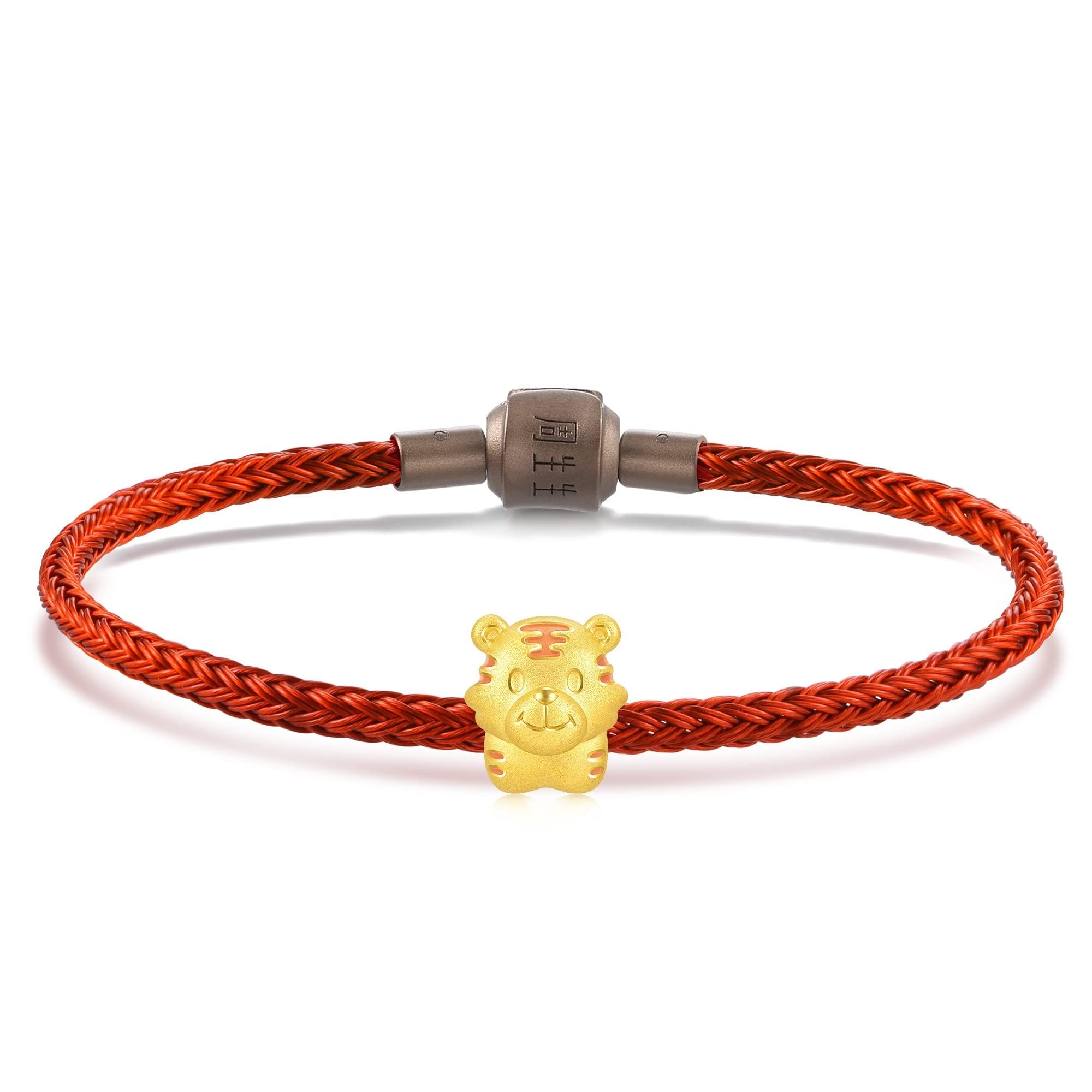 CHOW SANG SANG 999 24K Solid Gold Tiger Mini Charm Bracelet for Women 92958C (Gold, 19 CM)