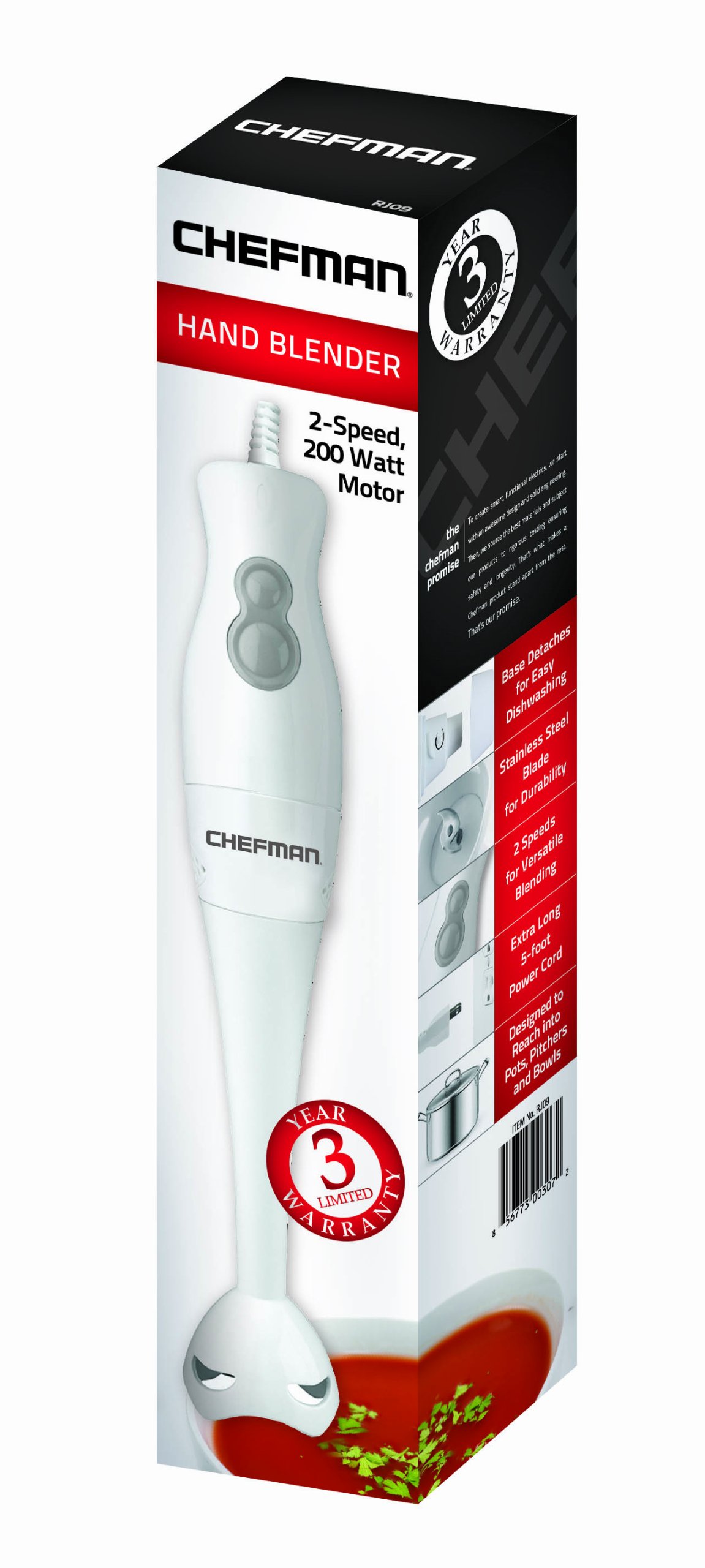 Chefman 2 Speed 200 Watt Hand Blender with Stainless Steel Blade