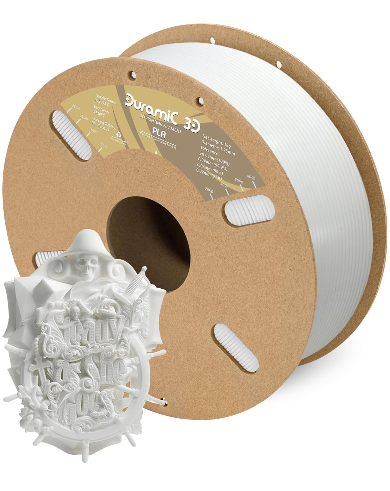 DURAMIC 3D PLA Filament 1.75mm White 1kg Spool, Jam-Free High Stifness 3D Printing Filament with Cardboard Spool, No-Tangling No-Clogging Dimensional Accuracy 99% +/- 0.03 mm