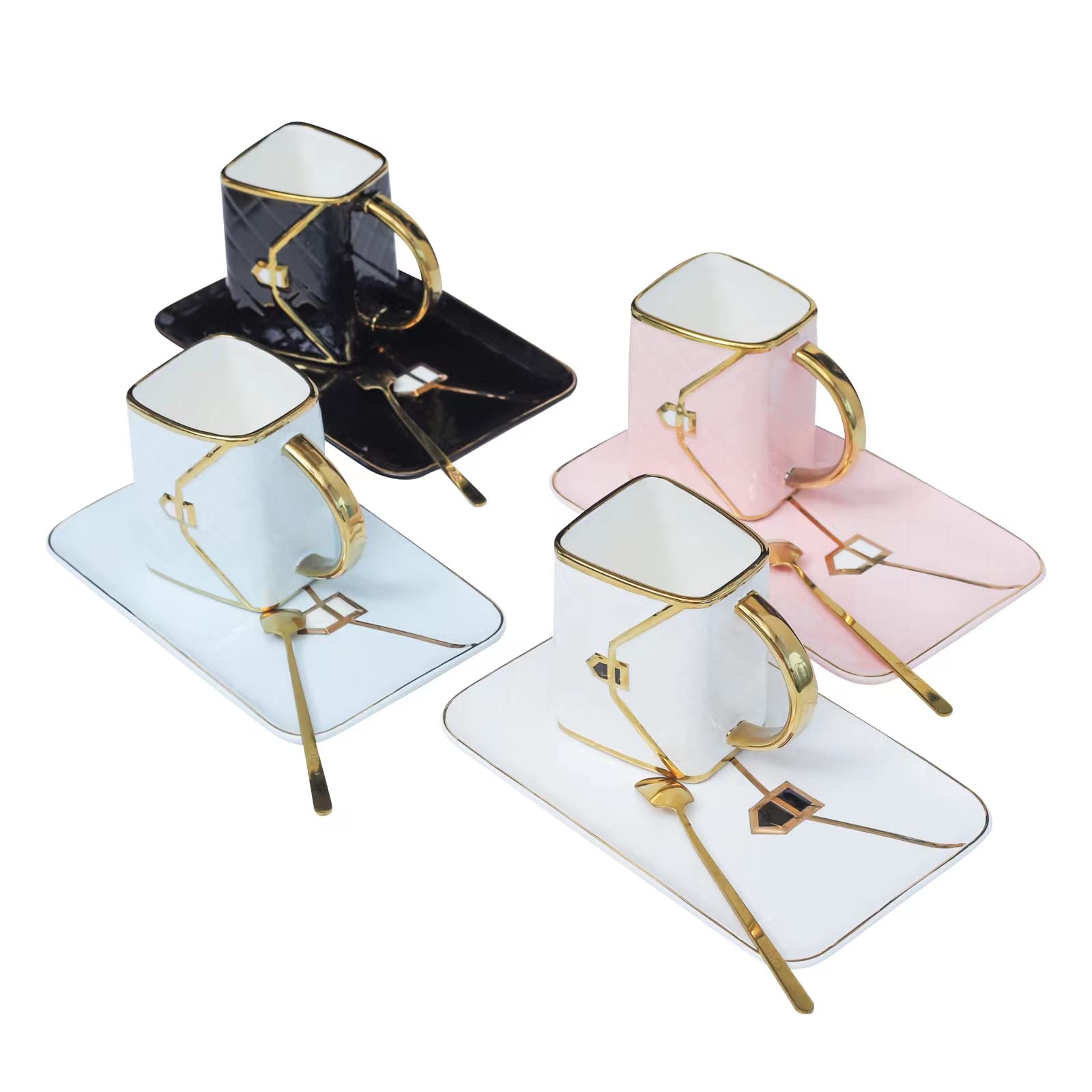 Ceramic Coffee Mugs Set of 4,Cute Creative Tea Cup Unique Design for Office and Home,Handbag Shaped Mugs with Spoon and Saucer,Dishwasher and Microwave Safe