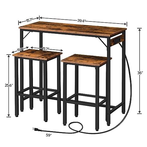 HOOBRO Bar Table Set with Power Outlet, Bar Table and Chairs Set, 3-Piece Pub Table Set, Kitchen Bar Height Table with Stools of 2, for Living Room, Dining Room, Rustic Brown and Black BF45UBT01
