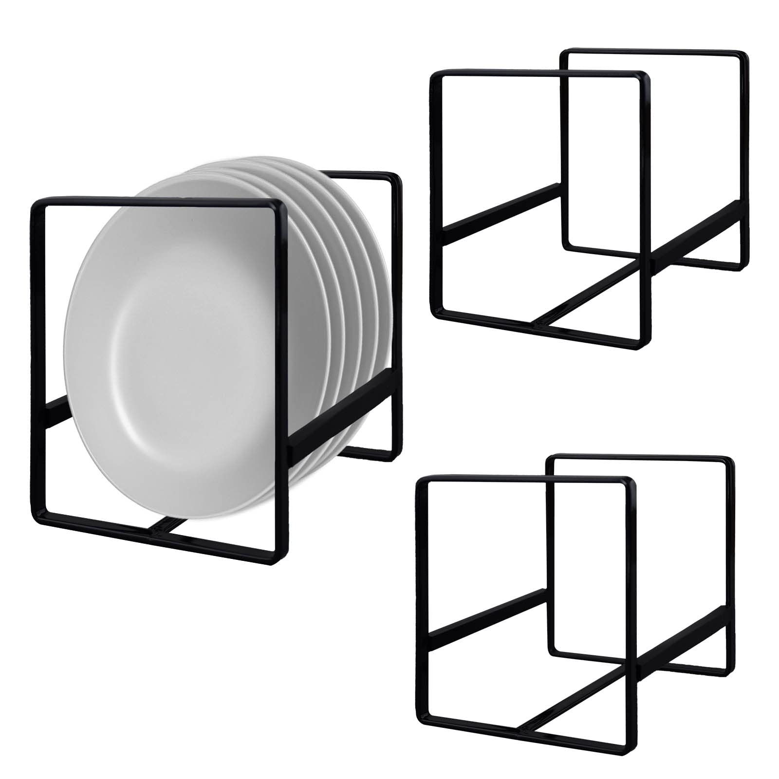 CUKE2BEET 3PCS Metal Plate Holder Organizer, Vertical Plate Rack Dish Organizer for Cabinet,Dish Storage Rack Drying Rack for Cupboard (1 Large and 2 Small, Black)