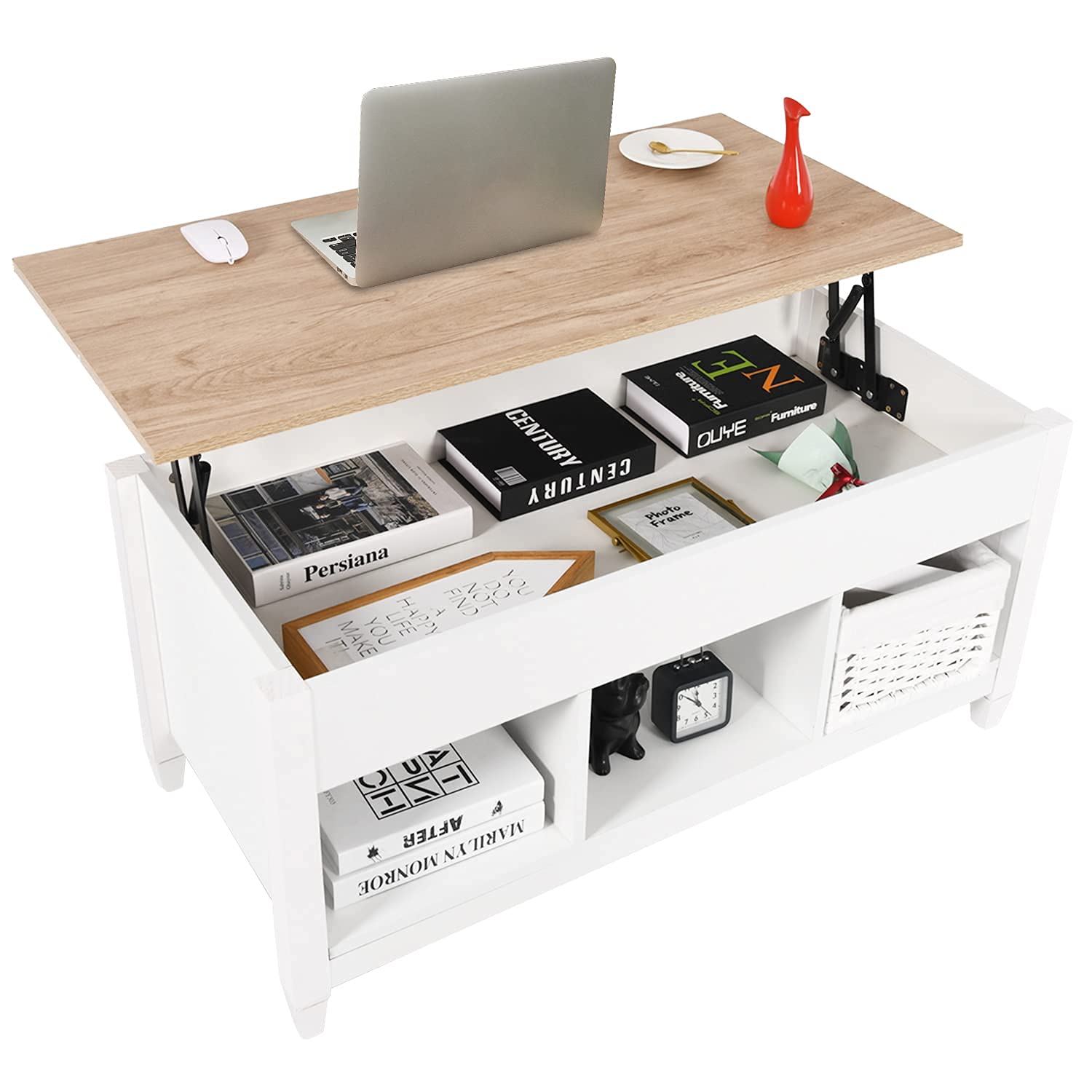 Catrimown Lift Top Coffee Table with Shelves, Modern Lift Tabletop Dining Table with Hidden Compartment and 3 Cube for Home Office Living Room Reception, Real Wood Legs, White.