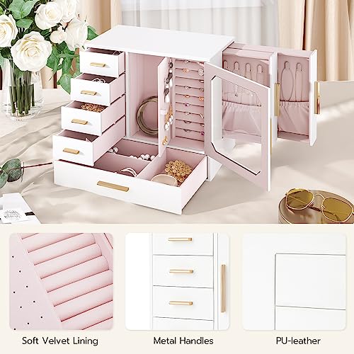 HOOBRO Jewelry Box with Glass Window, Large Capacity Jewelry Organizer, Jewelry Storage, Portable Jewelry Organizer Box, Modern Style, White and Light Gold WT05JB04