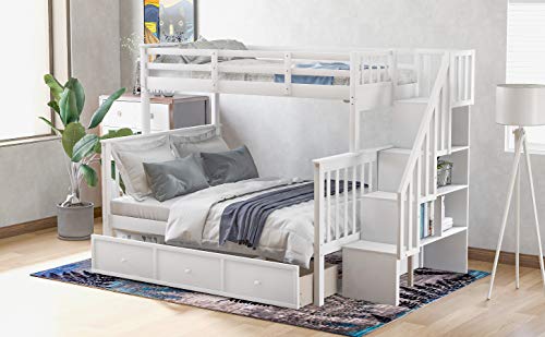 Flieks Twin-Over-Full Bunk Bed with Drawer,4 Storage and Guard Rail, Twin-Over-Full Bunk Bed for Bedroom, Dorm, for Family,Teens,No Box Spring Needed