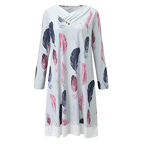 Button Cross V Neck Swing Dress for Women Pattern Printed Loose Flowy Dress Patchwork Feather Printed Dress White