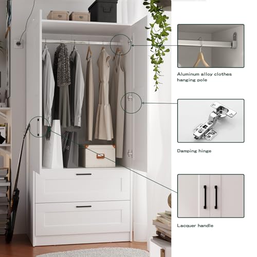 Fddevelop Wood White Wardrobe Closet with 2 Doors and Drawers,Bedroom Freestanding Armoire Storage Cabinet with Shelves,Wooden Wardrobe Combination for Hanging Clothes (White 2 Drawers)