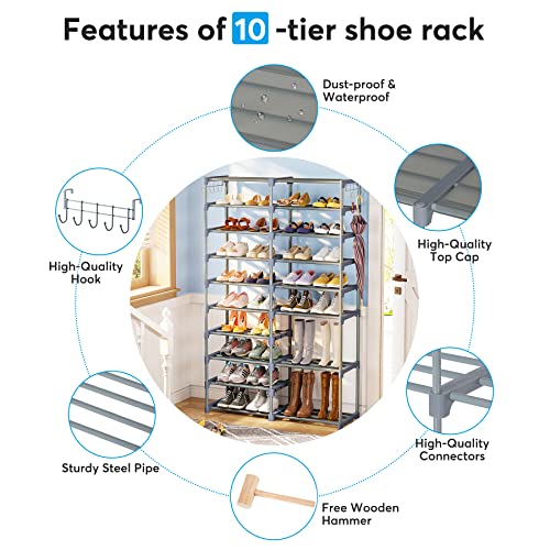Tribesigns Shoe Rack Organizer, 36-44 Pairs Shoe Storage Shelf, 10 Tiers Shoe Stand, Shoe Rack for Closet, Boot Organizer with 2 Hooks, Stackable Shoe Tower
