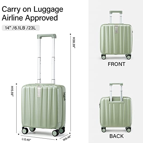 Hanke 14 Inch Underseat Carry On luggage with Wheels, Lightweight Mini Suitcase for Weekender, PC Hardside Small Carry On Bag with TSA Lock,Travel Suit Case Women men(Bamboo Green)