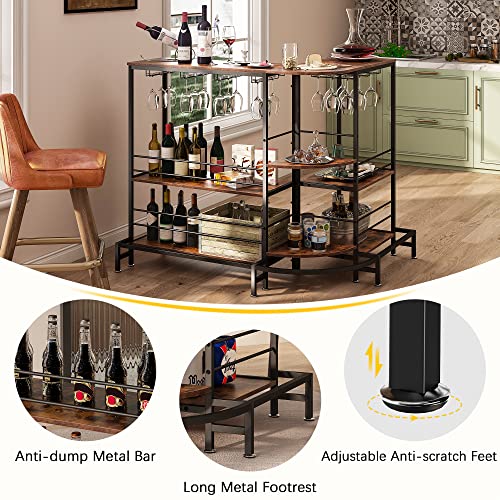 kepptory L-Shape Bar Table, 3-Tier Liquor Bar Table with Storage & Glasses Holder & Footrest, Farmhouse Wine Bar Cabinet for Home, FreeStanding Sideboard and Buffet Cabinet, Retro Brown