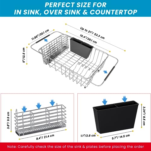 KESOL Over The Sink Drying Rack, Expandable Dish Rack with 2 Utensil Holders (1 Plastic & 1 Steel), 304 Stainless Steel Drying Rack for Kitchen Sink with Anti-Scratch Base, Rustproof Dish Drainer