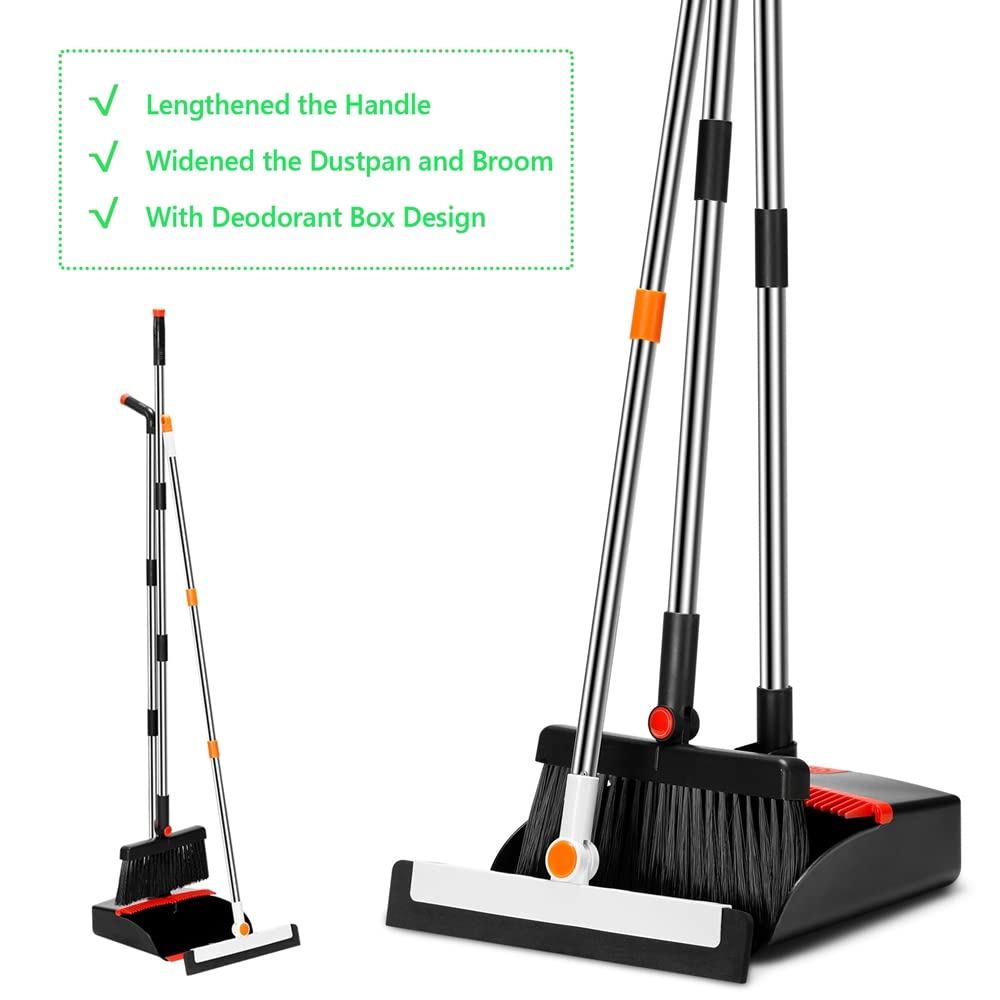 Dustpan and Broom Set Plus Squeegee Dustpan Broom Combo with Extendable & Adjustable Upright Poles to 52.4” Easy to Store Perfect for Kitchen, Outdoor, Lobby Floor and Office