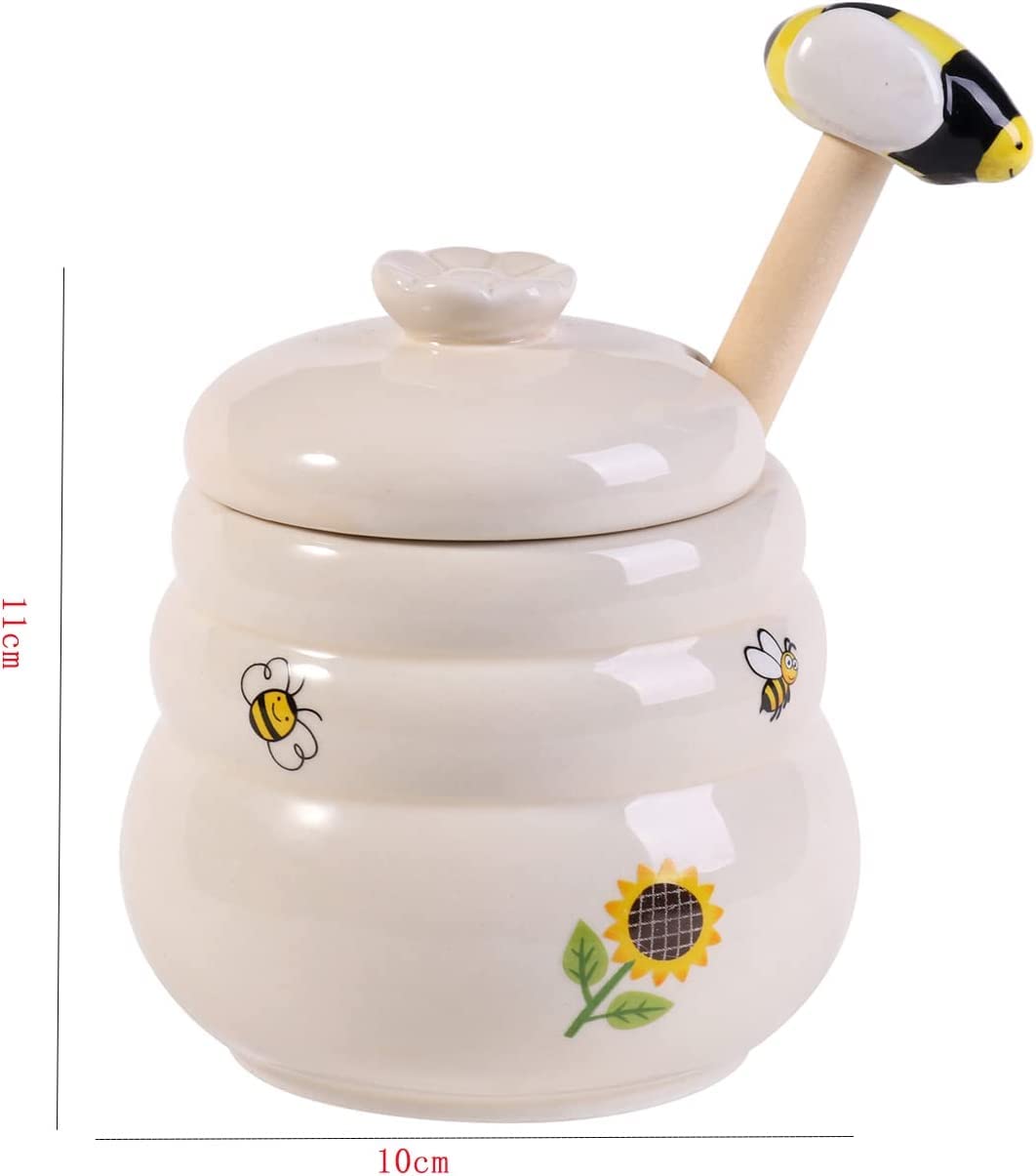 Ceramic Honey Jar with Wooden Honey Dipper-Honey Pot with Dipper- Honey Jar with Stand, Great Bee Decor- Farmhouse Kitchen Decor