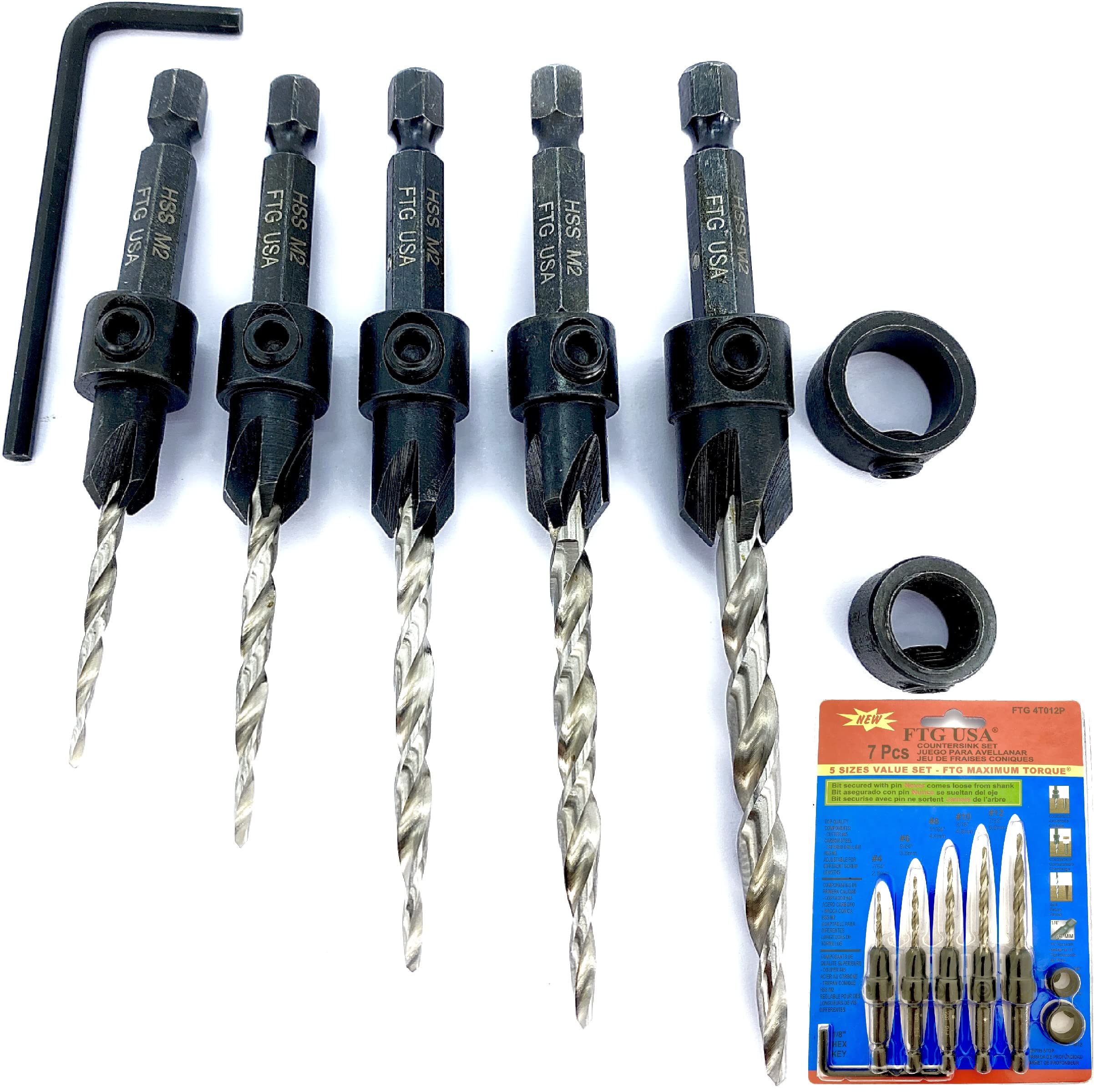 FTG USA Wood Countersink Drill Bit Set 5 Pc Countersink Drill Bit #4#6#8#10#12 Countersink Bit for Woodworking
