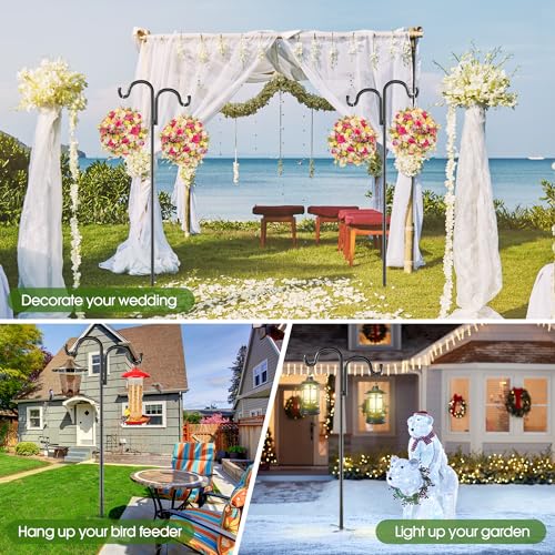 Double Shepherds Hooks for Outdoor,76" Heavy Duty Bird Feeder Pole with 5 Prong Base, Adjustable Shepherds Hook for Bird feeders Outside, Garden, Weddings, Hanging Plants
