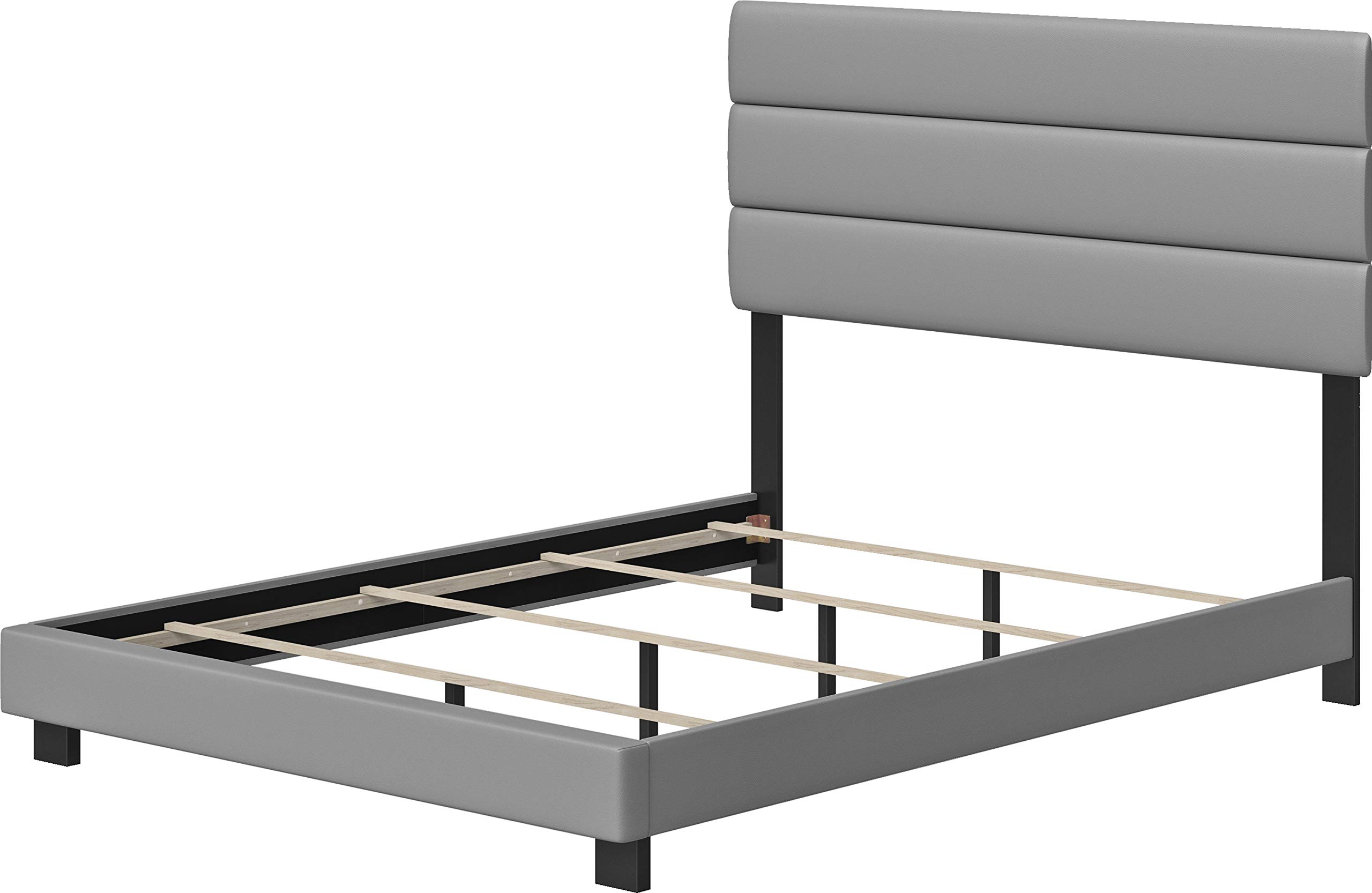 Boyd Sleep Montana Upholstered Platform Bed Frame Mattress Foundation with Tri-Panel Headboard and Strong Wood Slat Supports: Faux Leather, Grey, Twin