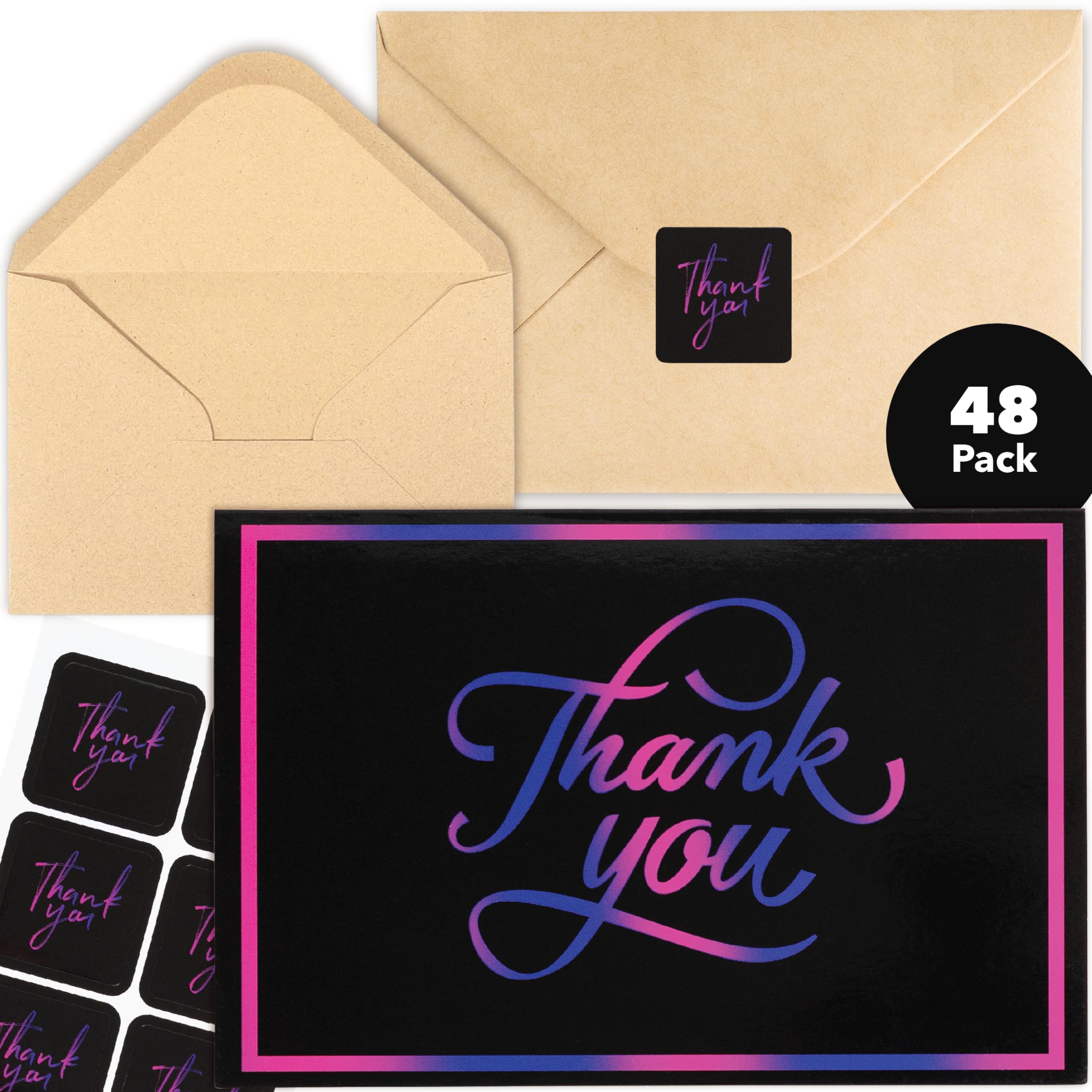 Gratitude Express Thank You Cards With Envelopes - With 48 Cards for Any Occasion, 48 Brown Envelopes, 48 Stickers