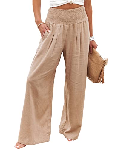 Hooever Women's Summer Linen Pants High Waisted Wide Leg Palazzo Pant Flowy Lounge Trousers (Khaki-S)
