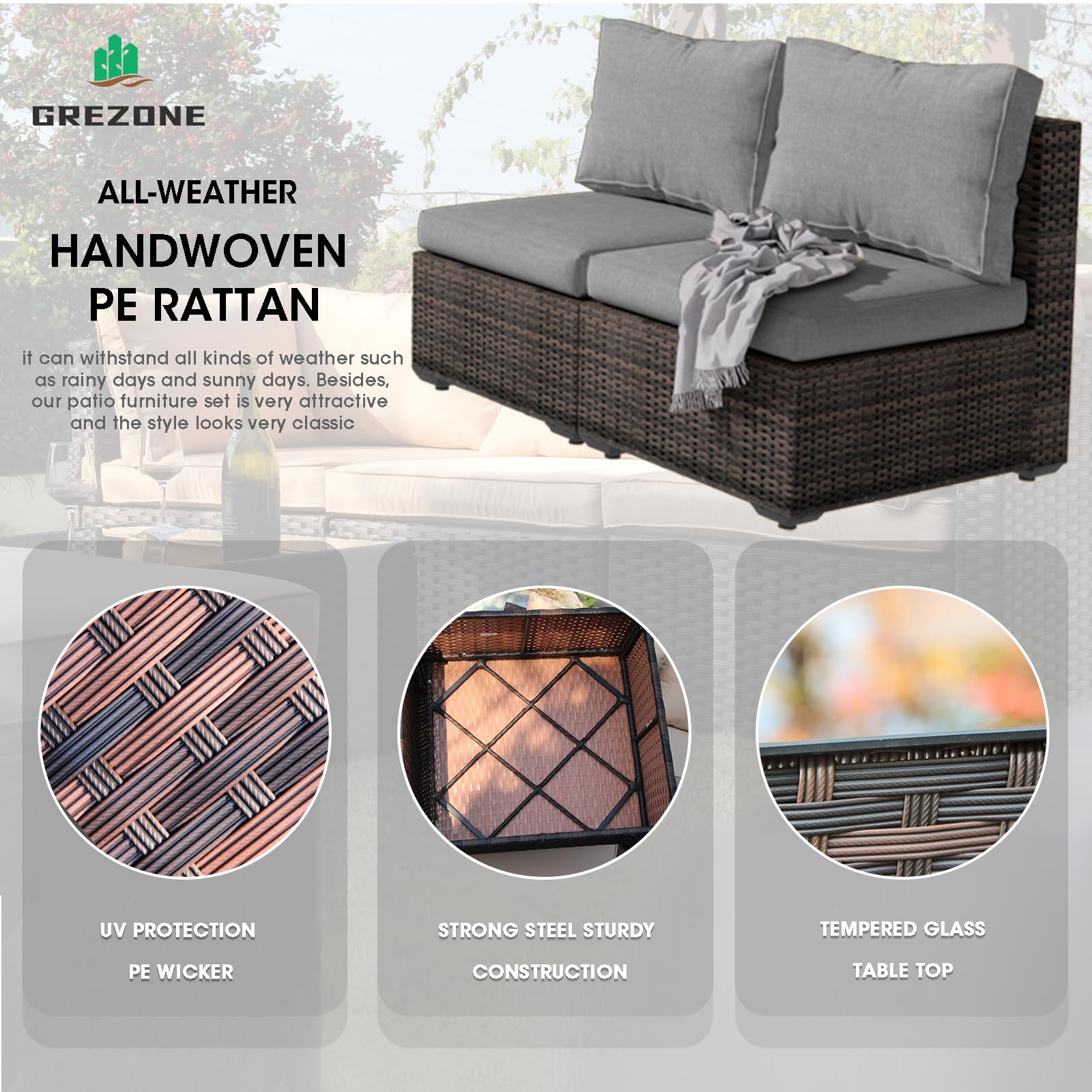 Grezone Patio Furniture Sets 7 Pieces with Fire Pit Table Patio Sectional Outdoor Furniture Sofa Chairs Set PE Rattan Wicker Couch Conversation Set with No-Slip Cushions Waterproof Covers Grey