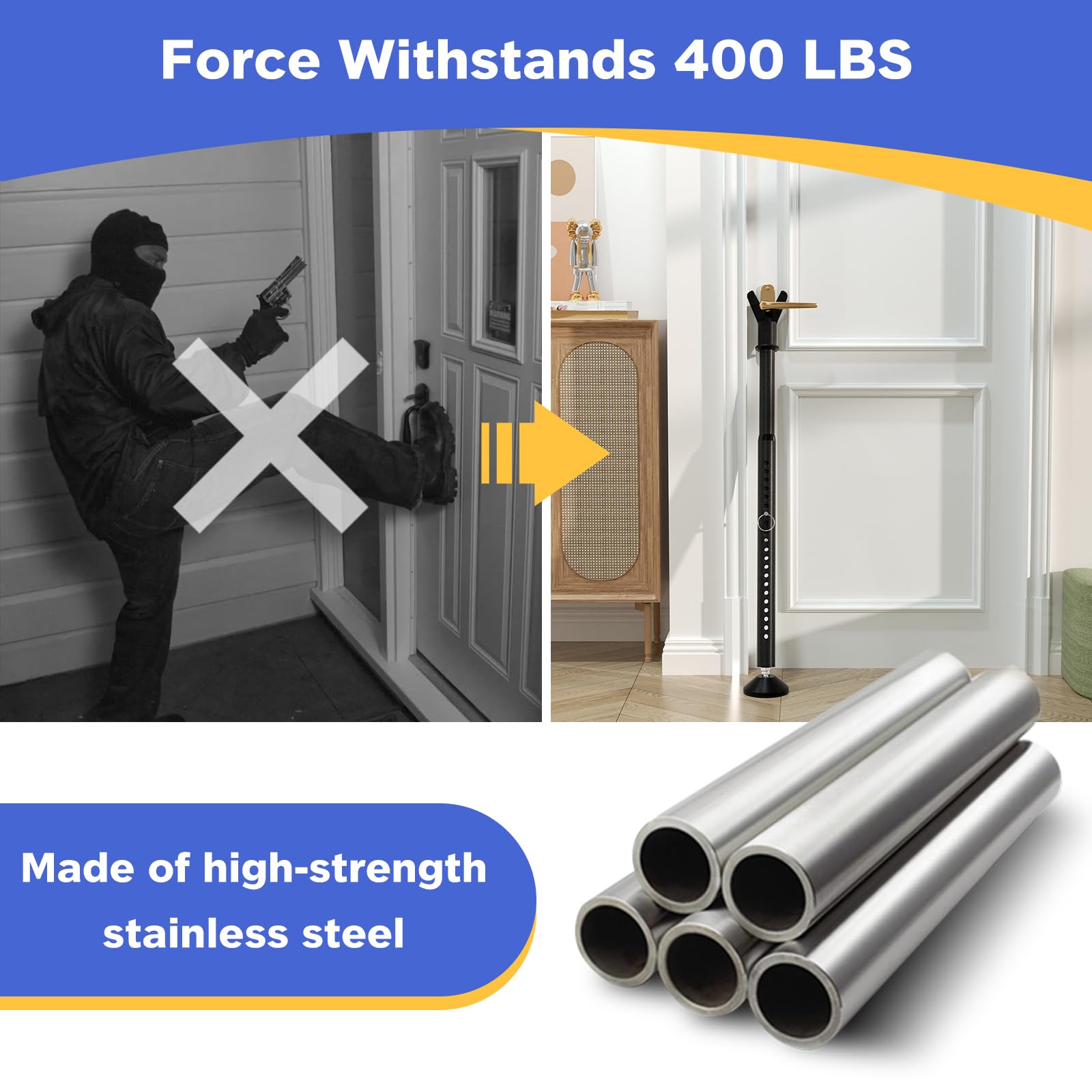 CALCHELE Door Security Bar & Sliding Patio Door Security Bar, Window Security Bar Door Stoppers Heavy Duty Security Door Jammer Bar, Adjustable Security Bar for Front Door, Apartment, Hotel Room Black