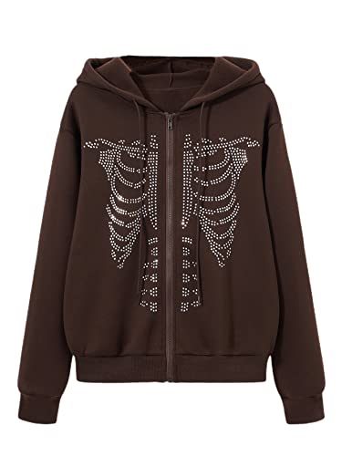 Floerns Women's Long Sleeve Zip Up Skeleton Hoodie Graphic Sweatshirt Jackets Coffee Brown L