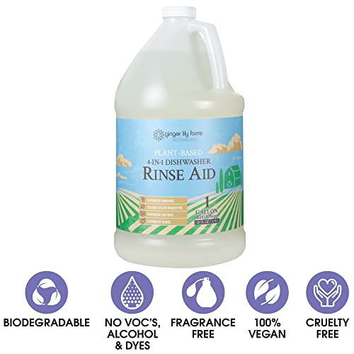 Ginger Lily Farms Botanicals Plant-Based 4-In-1 Dishwasher Rinse Aid, 100% Vegan & Cruelty-Free, Fragrance-Free, 1 Gallon (128 fl oz) Refill