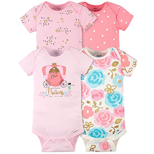 Gerber Baby Girls' 4-Pack Short Sleeve Onesies Bodysuits, Princess Pink, 6-9 Months