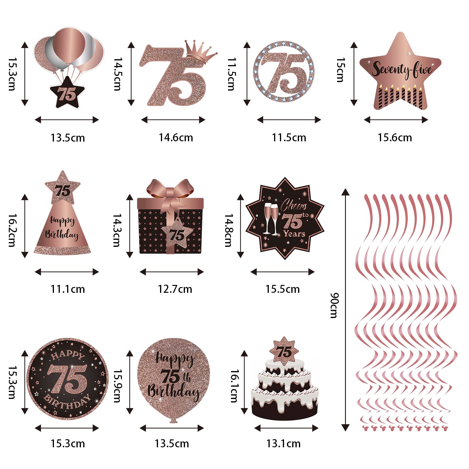 Happy 75th Birthday Hanging Swirls Streams Ceiling Decorations, Celebration 75 Foil Hanging Swirls with Cutouts for 75 Years Old Rose Gold Birthday Party Decorations Supplies