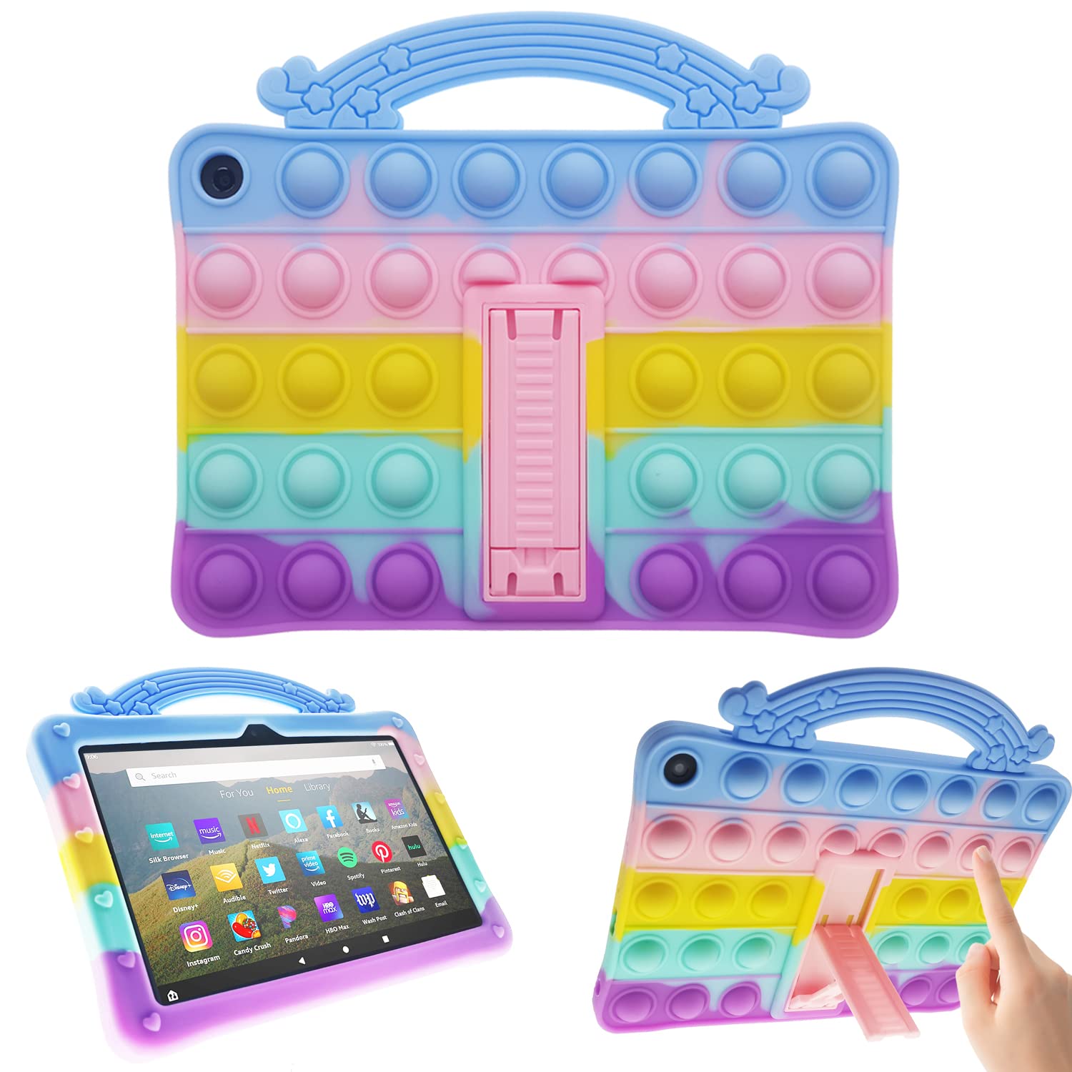 LUSTAM Pop it Case for All New Amazon Fire HD 10 and Fire HD 10 Plus Tablet (11 Generation, 2021 Release), Fidget Poppers Pop its Poppet Slim Kickstand Silicone Handle Kids Friendly Protective Cover
