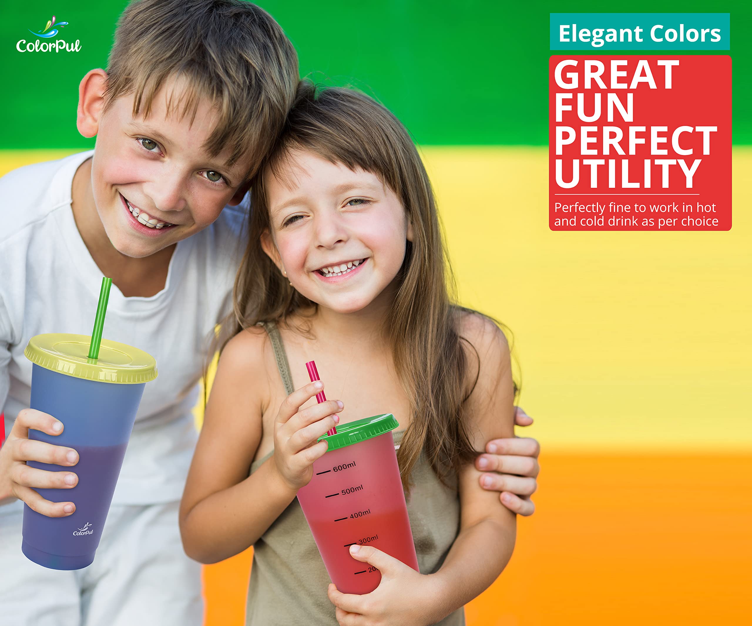 COLORPUL 24oz Plastic Tumblers - 9 Pack Color Changing Cups With Lids and Straws - Reusable Smoothie Cups for Kids