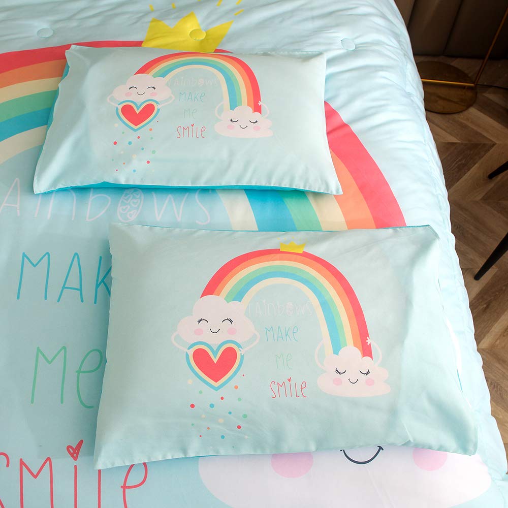 Btargot Ultra Soft Chirstmas Kid's Comforter Set Cartoon White Colorful Rainbow Pattern Bedding Sets Twin Size