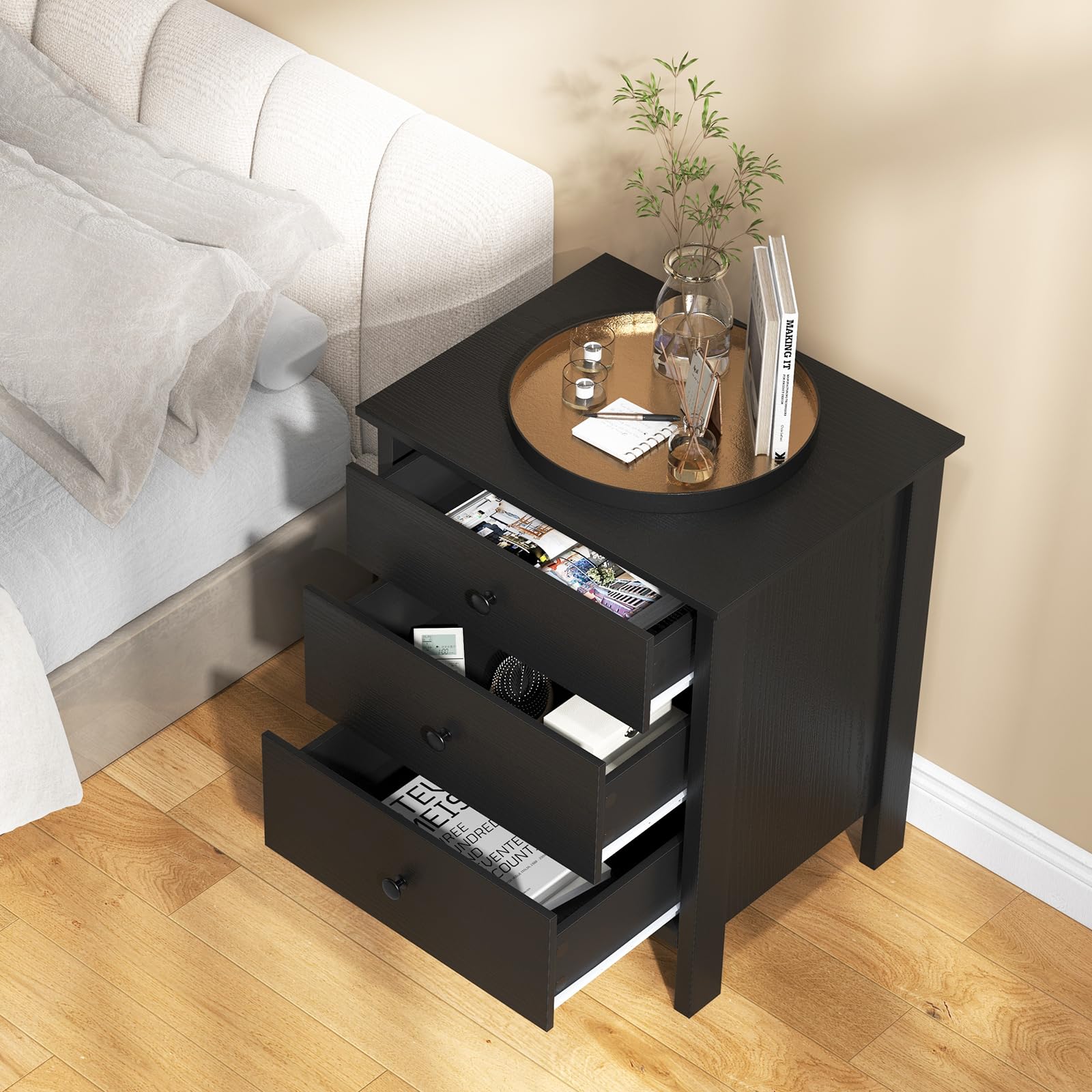 Giantex Nightstand with 3 Drawers Set of 2, Wooden Side End Table with Solid Wood Legs, Retro 3-Drawer Bedside Table Night Stand for Bedroom Home Office Small Space, Easy Assembly, White