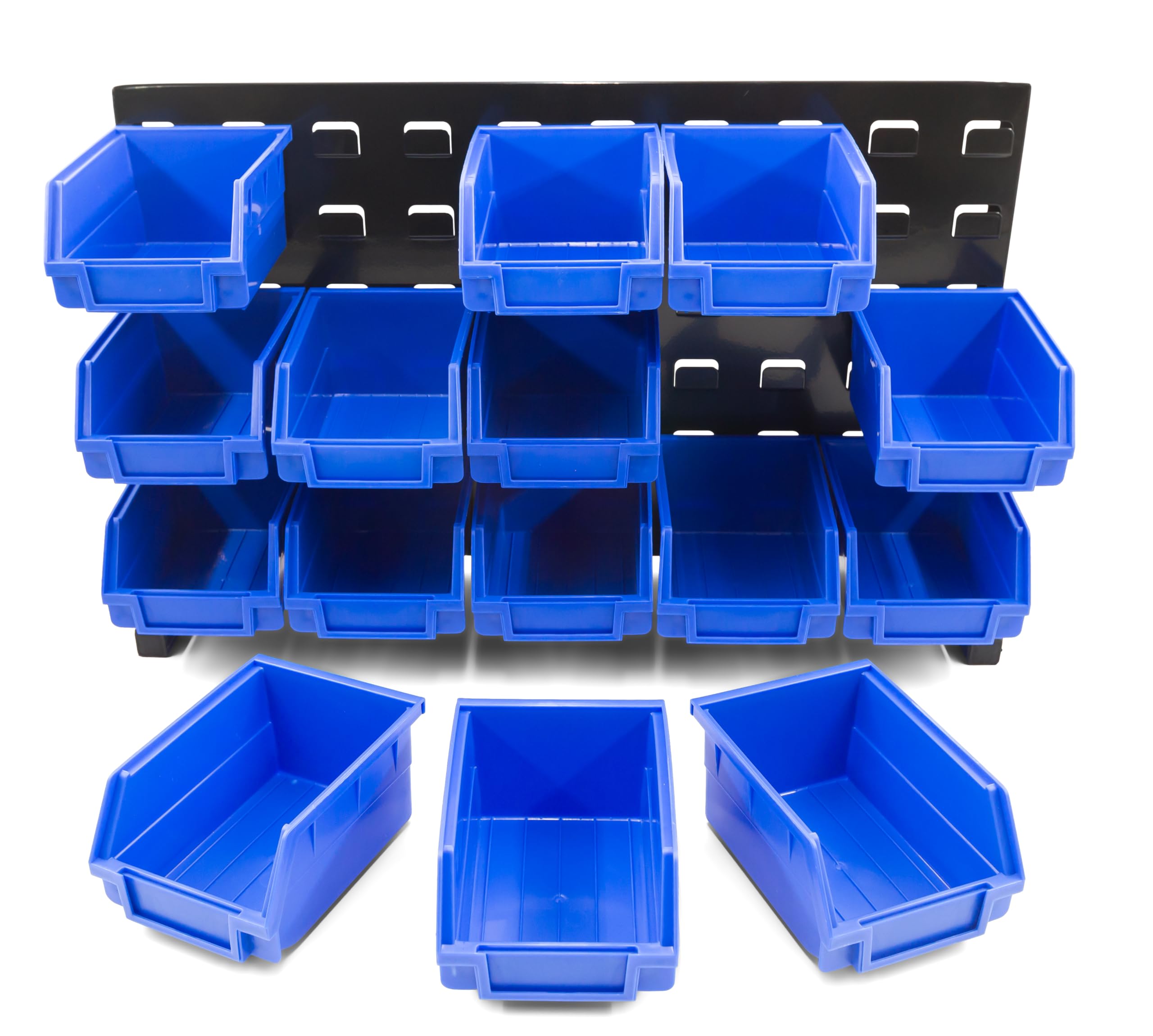 DJC Supply Heavy Duty Storage Bin Set & Steel Panel for Hanging Bin, Bench Mountable Steel Rolled Panel, 15 Bins included, Great for organzing Tools, Parts, and More. (20"X13" Bench Panel Set)