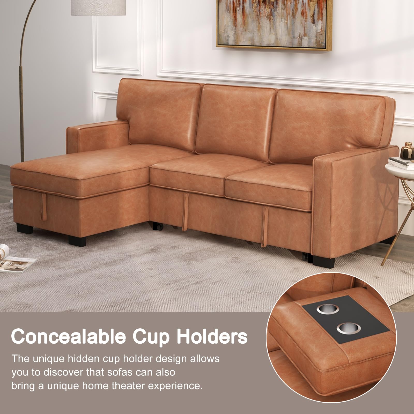 CANMOV Convertible Sleeper Sofa 3 in 1, Faux Leather Chaise Convertible Sofa Bed with Reversible Chaise L Shaped Sleeper Sofa with Storage, Couch Bed Sofa Pull Out Sofa Beds, Brown