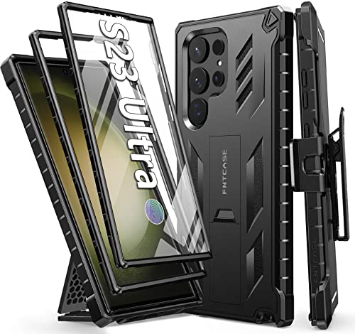 FNTCASE for Samsung Galaxy S23 Ultra Case: Built-in Screen Protector & Kickstand, Extra Front Frame, Full-Body Dual Layer Rugged Belt-Clip Holster Heavy Duty Shockproof Protective Phone Cover-Black