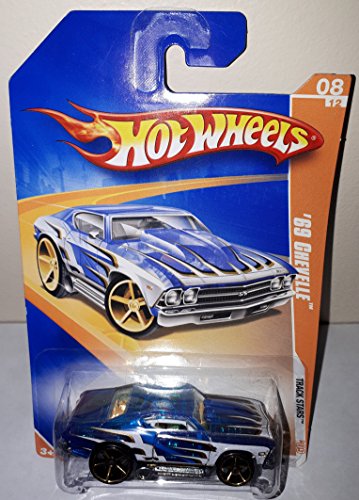 HOT WHEELS 2009 TRACK STARS 062/190 '69 CHEVELLE BLUE WITH WHITE AND GOLD - FAT REAR WHEELS - CAR 08 OF 12