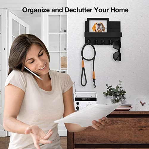 Lwenki Key Holder for Wall, Decorative Key and Mail Holder with Shelf Has Large Key Hooks for Bags, Coats, Umbrella – Paulownia Wood Key Hanger with Mounting Hardware (9.8”W x 6.7”H x 4.2”D)