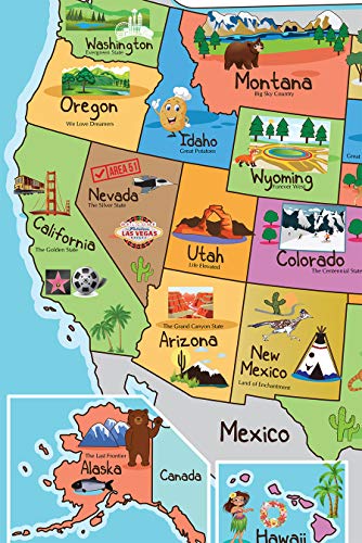 Kids United States Map | Wall Poster 13" x 19" US Map Premium Paper | 50 USA States w/Slogans & Images - Laminated