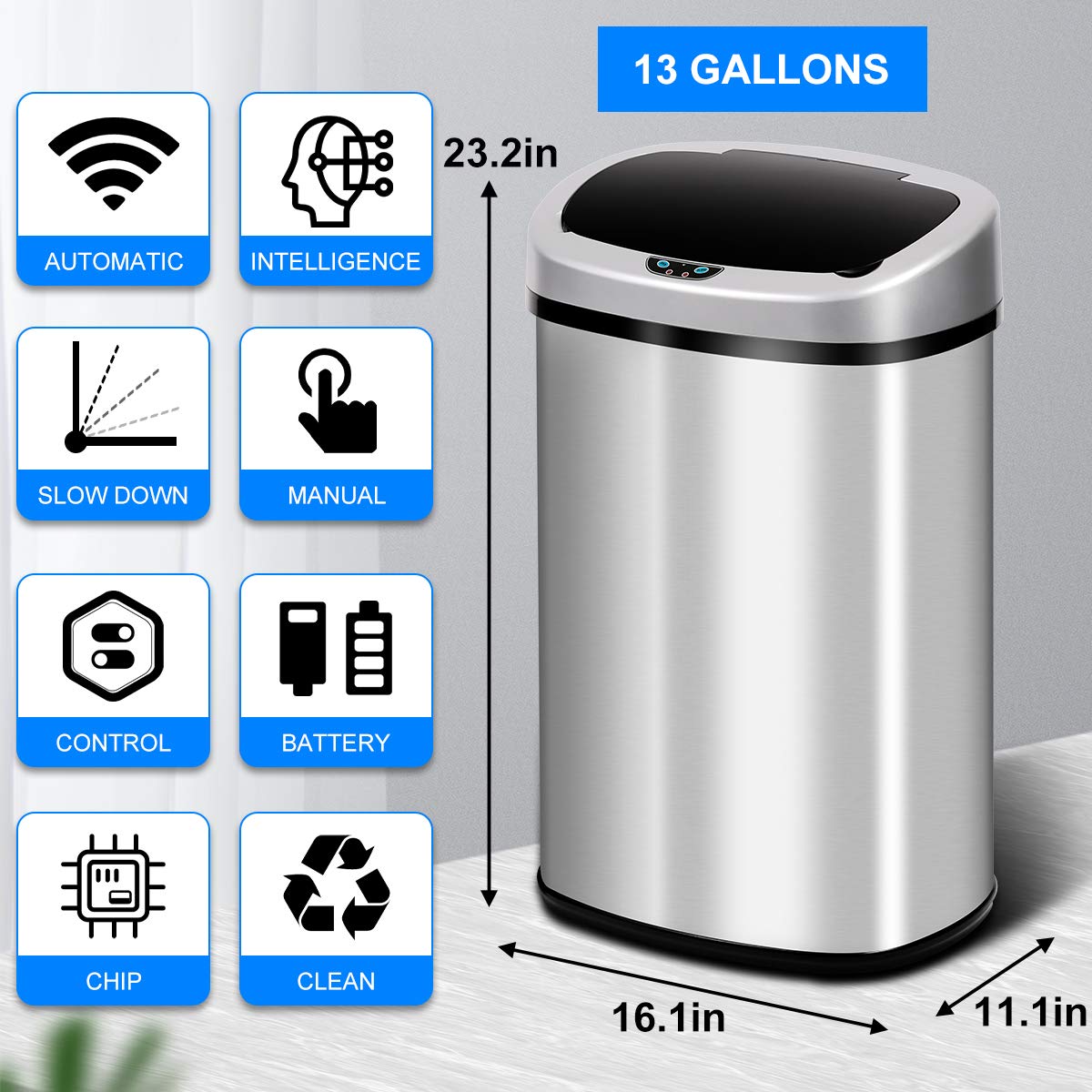 Dkelincs Touchless Trash Can for Kitchen Bathroom Bedroom Home Office, 13 Gallon Automatic Stainless Steel Garbage Can with Lid