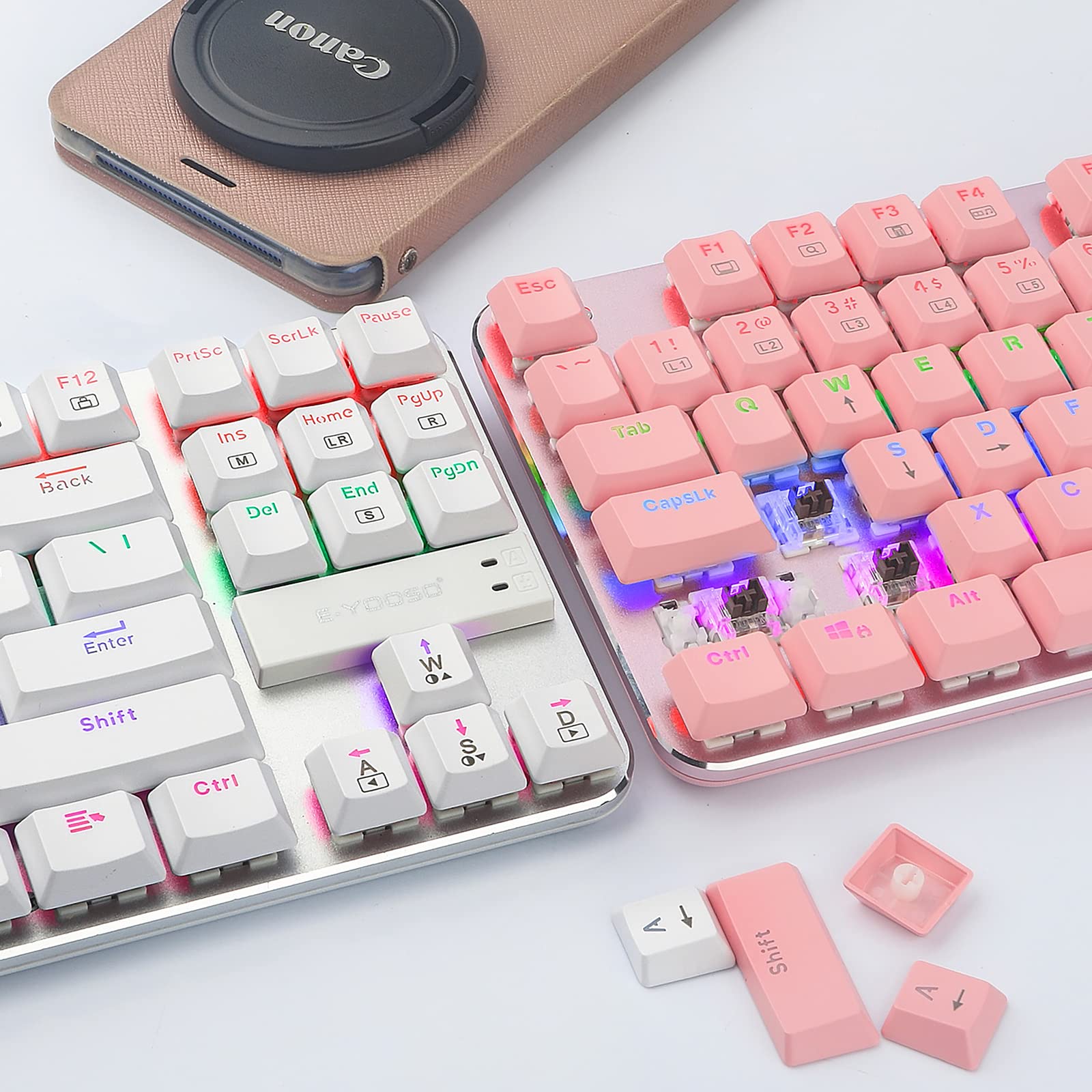 DEANEEK Mechanical Keyboard 87 Keys Small Compact Multicolour Backlit TKL - USB C Wired Mechanical Keyboard - LED Hot Swappable Switches & Keycaps for Windows/Mac/PC (Pink-Red Switch)