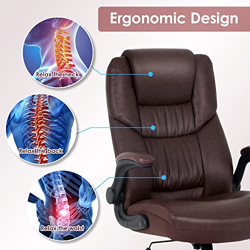 Ergonomic Office Chair PU Leather Desk Chair High Back Computer Chair with Lumbar Support Flip up Armrest Rolling Swivel Adjustable Task Chair for Adults(Brown)