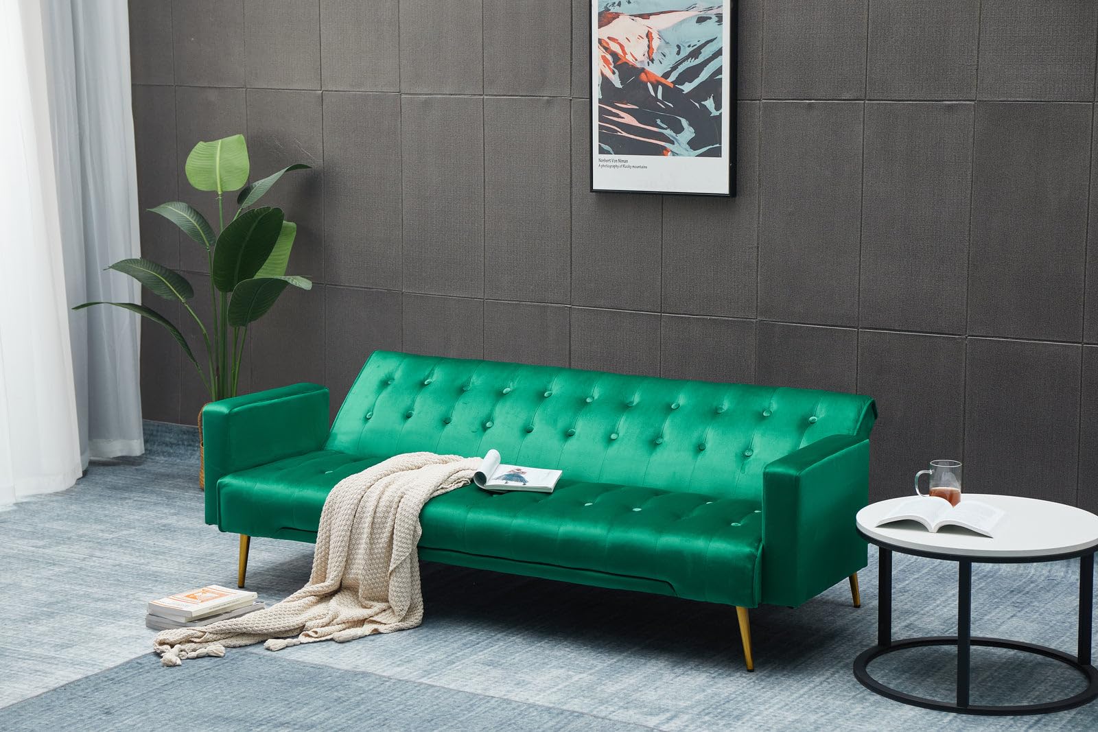 FEIYAW 75 Inch Velvet Futon Sofa Bed with Adjustable Back, Convertible Futon Couch, w/Tufted Buttoned Design & Metal Legs, Upholstered Slpper Bed for Home, Small Space Apartment