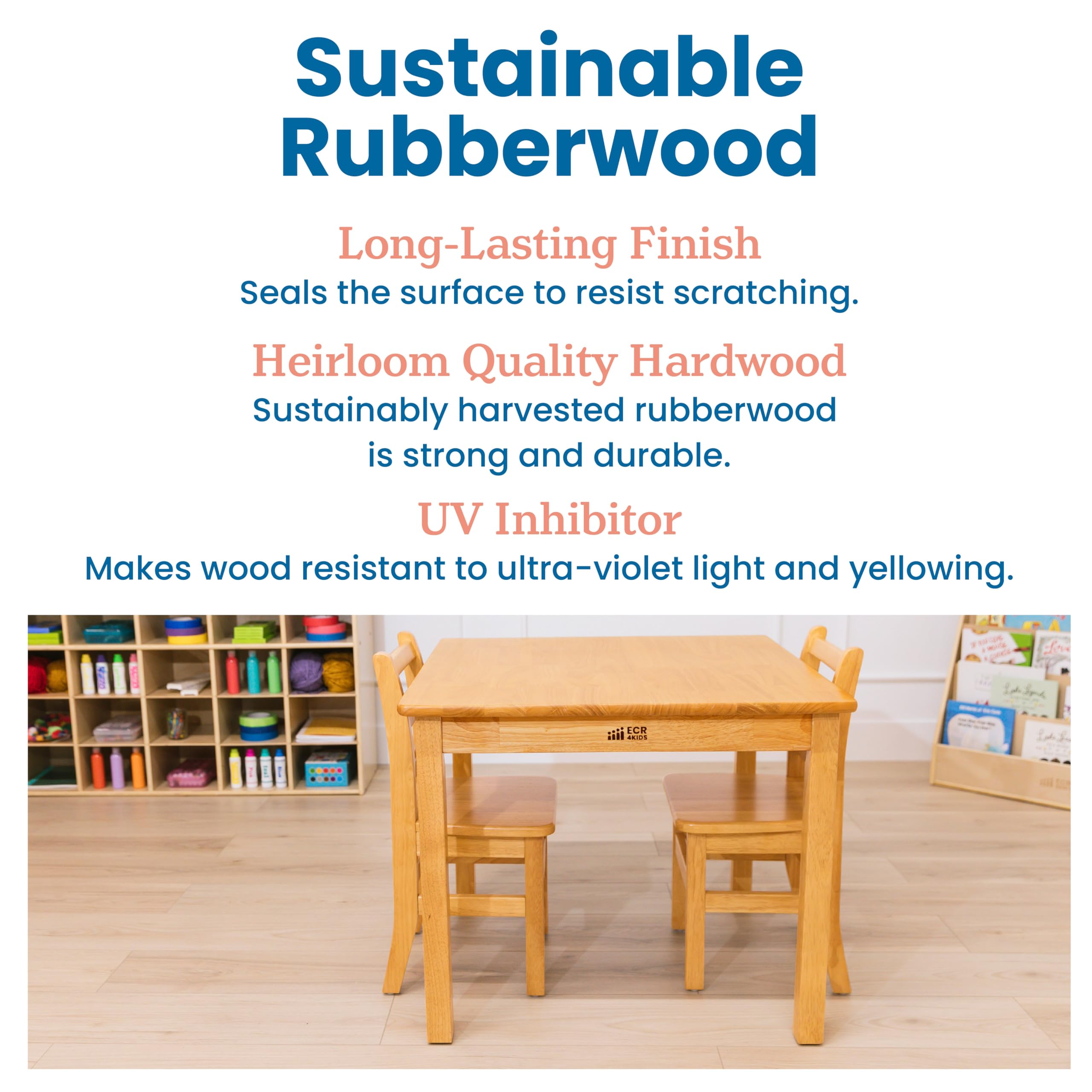 ECR4Kids 30in D Square Hardwood Table with 24in Legs and Two 14in Chairs, Kids Furniture, Honey
