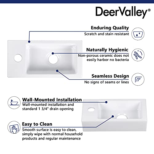 DeerValley DV-1V081L Liberty Wall Mount Sink, Rectangle Mini Vessel Sink,Small Bathroom Cloakroom White Porcelain Ceramic Wash Basin Right/Left Hand (Left Hand) (Left Hand)